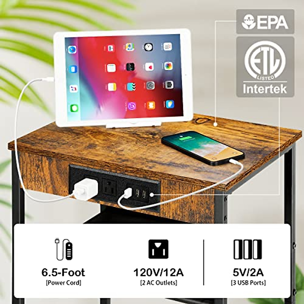 melos Nightstand with Charging Station, 3 Tier End Table with USB Ports & Power Outlets, Narrow Side Table for Small Spaces, Bedside Tables for Bedroom, Living Room, Rustic Brown