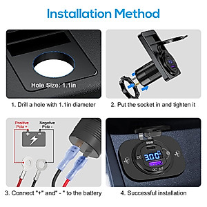 Linkstyle USB Charger Socket, 36W QC3.0 USB A & 65W USB C Socket with Dual Display Voltmeter Voltage for 12/24V Car Marine