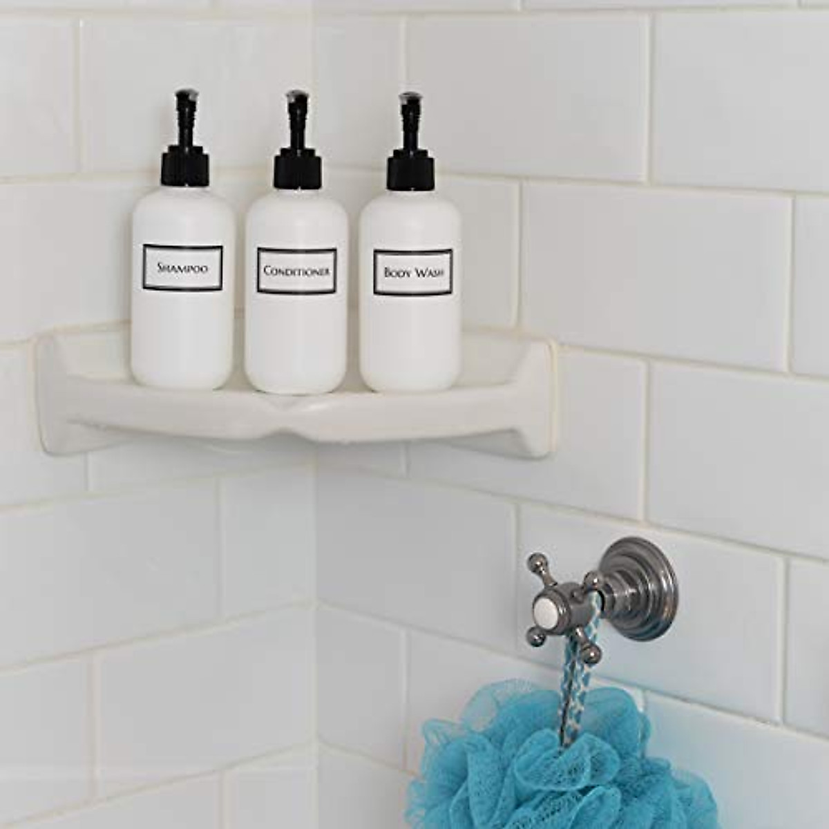 Artanis Home Silkscreened Empty Small HDPE Plastic Shower Bottle Set for Shampoo, Conditioner, and Body Wash, 8 oz 3-Pack, White (Black Pumps)