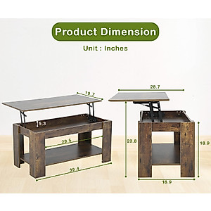 Ruesleag Coffee Table,Lift Top Coffee Table w/Hidden Compartment and Storage Shelf,Retro Wooden Lift Tabletop Dining Table Multifunctional Wooden Working Table for Home Office,39.4in L,Brown