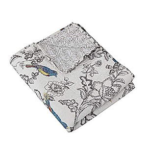 Levtex Home - Mockingbird - Quilted Throw - 50x60in. - Grey Toile with Birds and Butterflies - Reversible Pattern - Cotton