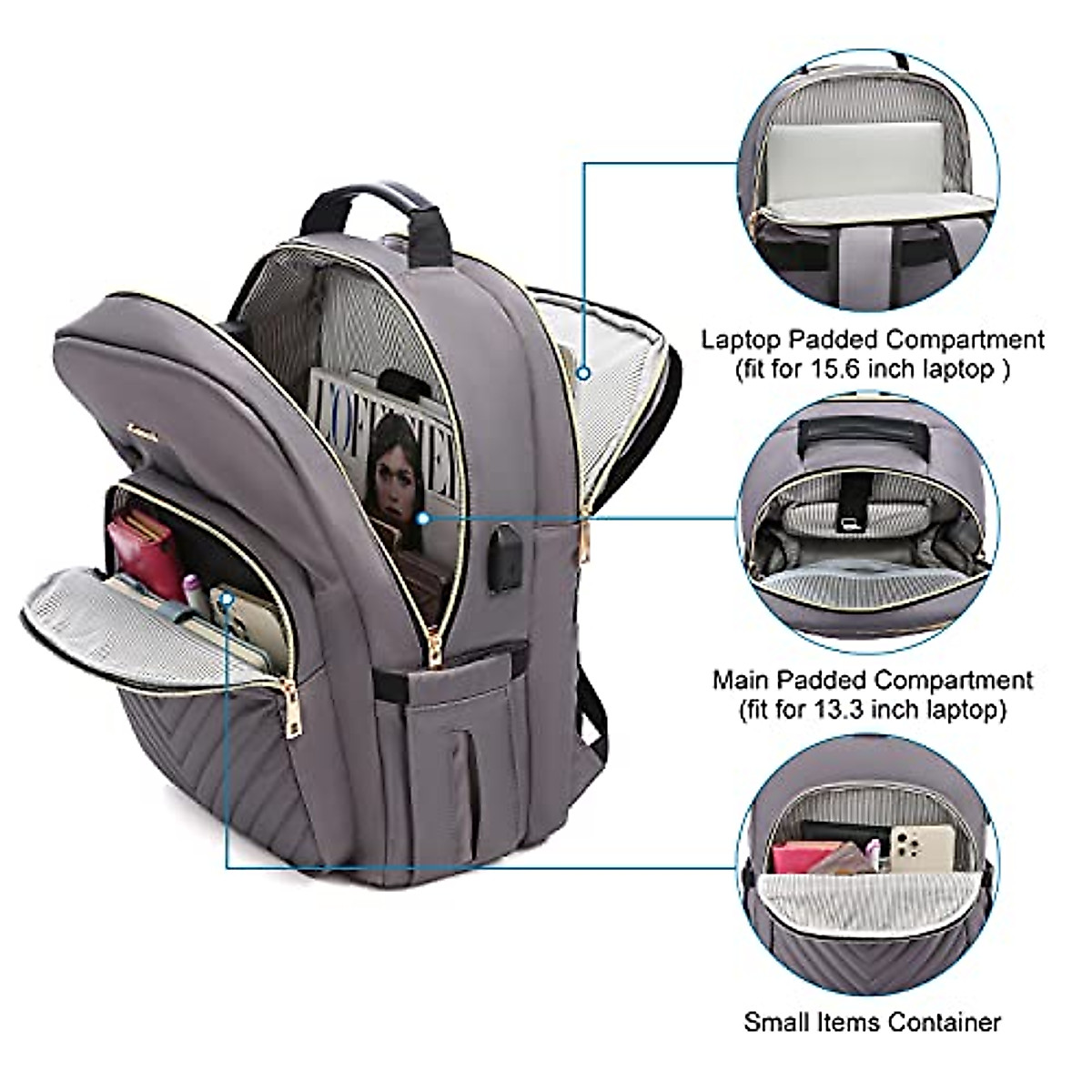 LOVEVOOK Laptop Backpack Purse for Women, Large Capacity Travel Business Computer Work Bag, Quilted Casual College Nurse Backpack for Womens, Fit 15.6 Inch Laptop with USB Port, Purple Grey