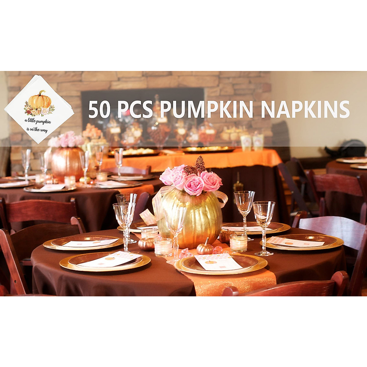 A Little Pumpkin is On The Way Napkins, He or She Pumpkin Napkins, A Little Pumpkin is On The Way Baby Shower, Boy Girl Little Pumpkin Baby Shower Gender Reveal Party Decorations (5 x 5 In, 50-Pack)