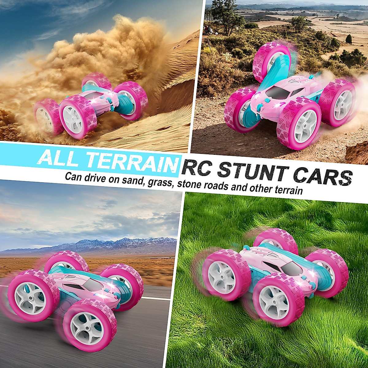 QUNREDA RC Cars, Pink Remote Control Car for Girls, 2.4 GHZ Double Sided RC Stunt Car 360° Rotating Remote Control Crawler with Headlights Car Toys for 6 7 8 9 10 11 12 Girls Birthday