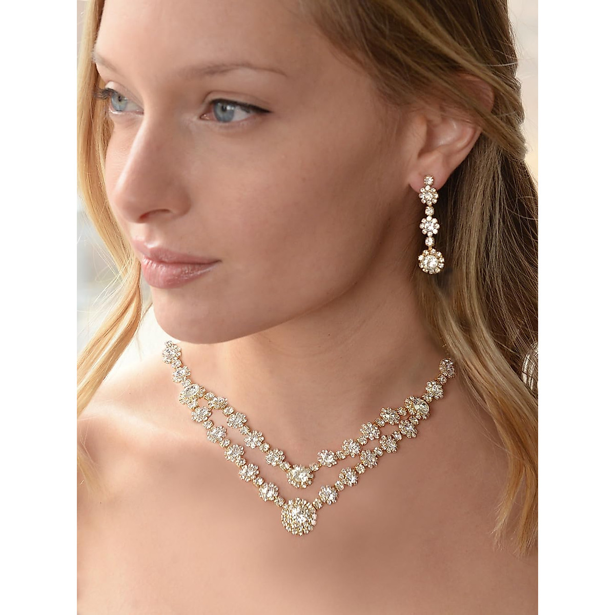 Mariell Petite Length Gold Rhinestone Crystal Necklace and Earrings Set For Brides, Choker Wedding Necklace Jewelry Set for Brides, Bridesmaids, Homecoming, Prom