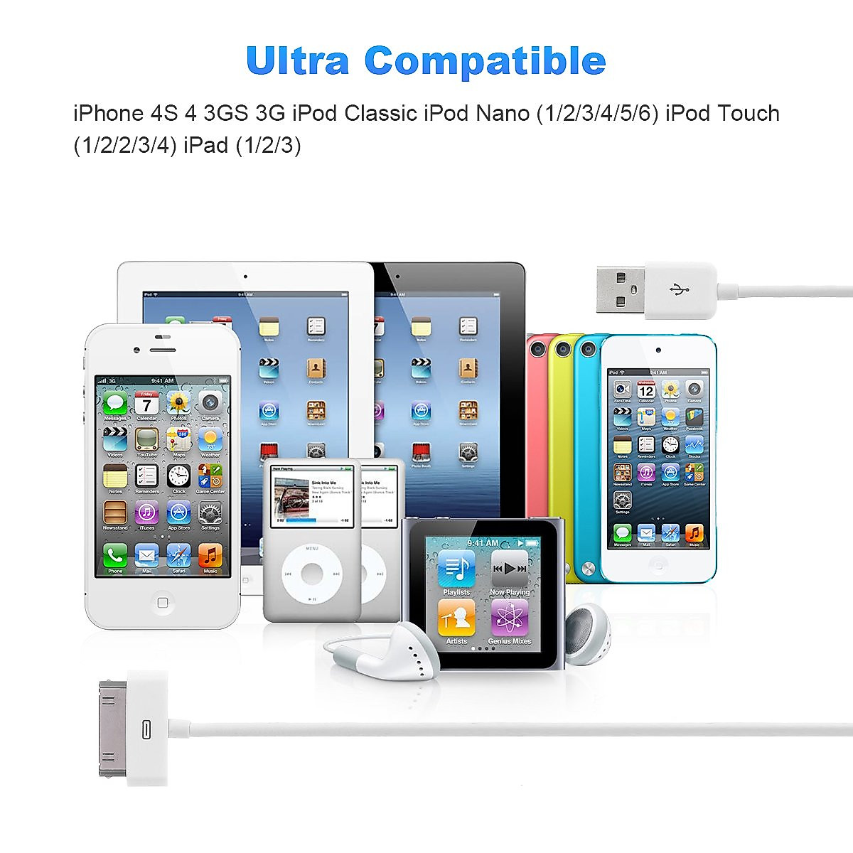 Aibocn MFi Certified 30 Pin Sync and Charge Dock Cable (New Packaging × 2 Pack)