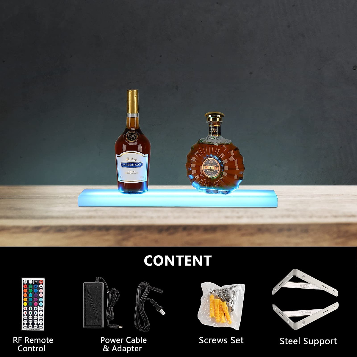 ROVSUN 1 Step 20 Inch Wall Mounted LED Lighted Liquor Bottle Display Shelf Bar Shelf with Remote Control, Illuminated Liquor Shelves LED Bar Shelves for Commercial Home Man Cave Bar Accessories