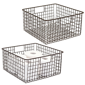 mDesign Metal Wire Bathroom Storage Basket Organizer with Handles - Organize Master/Guest Bathrooms, Linen, Hallway, or Entryway Closets, Bedroom, Laundry Room, Concerto Collection - 2 Pack - Bronze