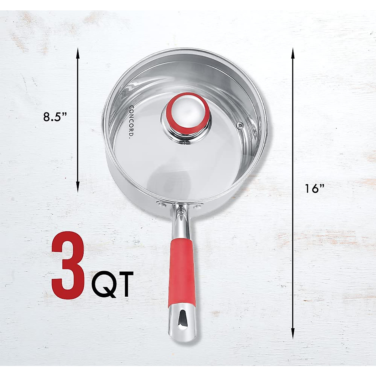 Concord 3 Quart Stainless Steel Saucepan with SIMPLE POUR Vented Glass Lid. Features Dual Pouring Spouts and Volume Marking. Perfect for making Sauces, Jam, Ramen, and more