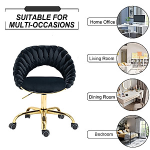 Goujxcy Modern Velvet Desk Chair, 360°Swivel Home Office Computer Task Chair with Woven Mid Back & Gold Legs, Cute Vanity Chair for Women Girls, Armchair for Living Room Bedroom,Black