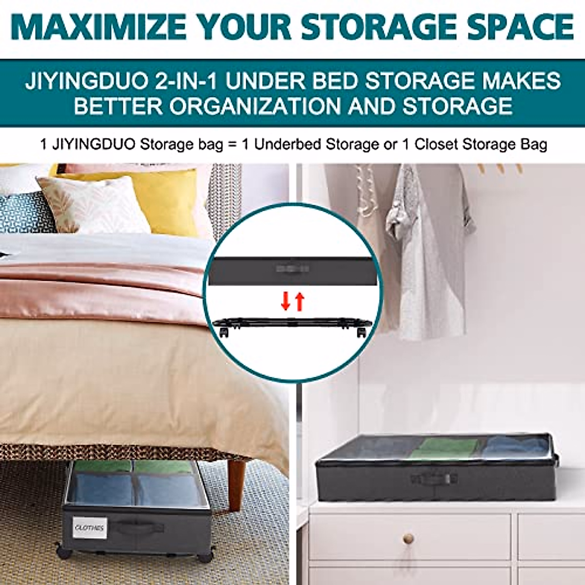 3rd Generation Under Bed Storage with Wheels 2-in-1 Underbed Storage Bins Containers Label Shoe Storage Organizer Drawer Bag Clear Window Solid Fabric for Bedroom Clothes Shoe Blanket (one-black)