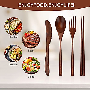 Ideashop Wooden Cutlery Set 16 PCS Reusable Flatware Set, Portable Wooden Utensils for Eating Includes Wooden Knife, Fork, Spoon, Chopsticks, with Pouch for Household Office Camping Traveling