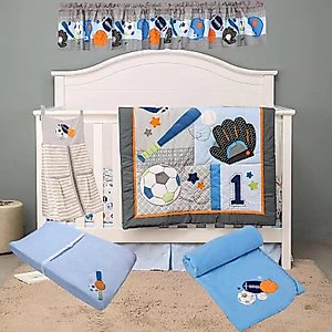 JAHbaby 7 PCs Blue Sports Theme Nursery Crib Bedding Set Baby Boy Love Sport Standard Crib Bedding Set 28 X 52
