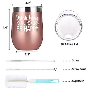 GINGPROUS Book Lovers Gifts, Drink Win Read Books Be Happy Wine Tumbler, Birthday Christmas Gifts for Book Club, Librarians, Readers, Bookworm, Friends, 12 oz Stainless Steel Wine Tumbler, Rose Gold