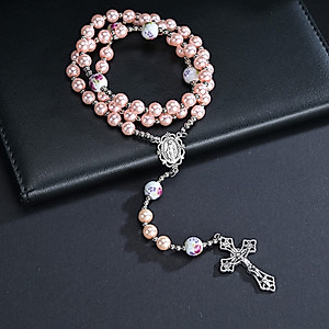 8mm Pink Pearl Beads Catholic Rosary Large Ceramics Bead Rosary Silver Beaded String Necklace Miraculous Medal Crucifix Cross Gift for Women