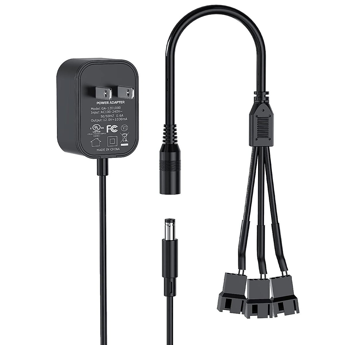 PC Fan Adapter, DC Power Supply Fan Splitter Cable, DC Female to 3 x 3/4 Pin