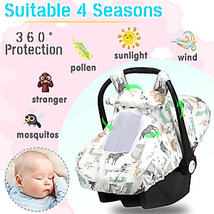 Baby Car Seat Canopy, Breathable Car Seat Covers for Boys Girls with 3D Minky, Thick Infant Car Canopy for Spring Summer Autumn Winter, Kick-Proof Universal Fit, Snug Warm (Animal B)