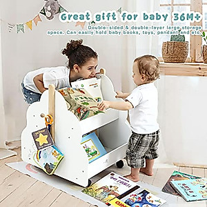 labebe Baby Wooden Bookshelf, Kids Bookshelf with Wheels for 36M+, Book Rack Wood/Kid Bookcase/Children Bookshelf/Toddler Book case/Children Books Display Self/Infant Book Toy Storage White