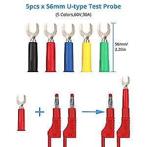Banana Plug Silicone Test Leads Kit CAMWAY Safety Shrouded Stackable Banana Plug Fully Insulated, Alligator Clips U-Type Spade Plug Back Probe Pins Gold-Plated Test Probe for Multimeter