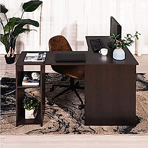 FurnitureR Computer Desk with Bookshelf Industrial Style Study Table Computer Gaming Desk with Storage, Wooden L-Shaped Corner Desk Save Space for Home Office, Brown