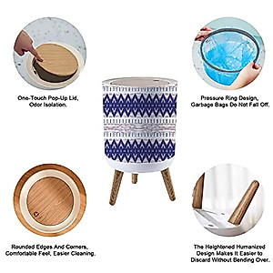 Small Trash Can with Lid Beautiful ikat seamless Native thai colorful weaves Ethnic tribal ikat Waste Bin with Wood Legs Press Cover Wastebasket Round Garbage Bin for Kitchen Bathroom Bedroom Office