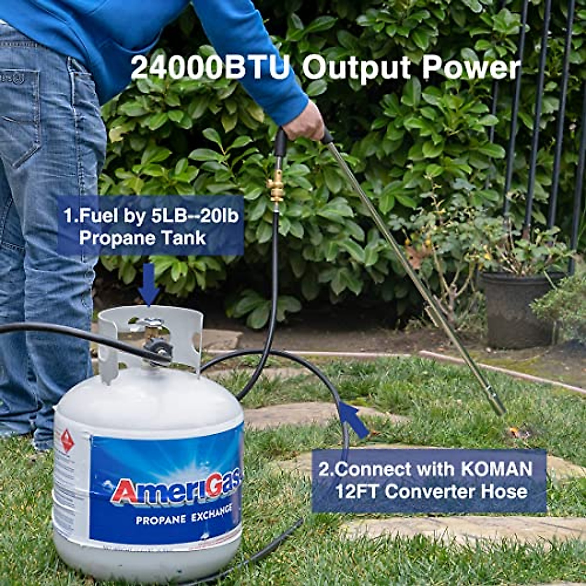 KOMAN Weed torch Propane Burner with 8FT Converter Hose,Fuel by 1LB Propane Gas Cylinder/5-40LB Propane Tank,self ignition,for Roofing,Weeding,Campfire Starting(Output 24000BTU, Propane not included)