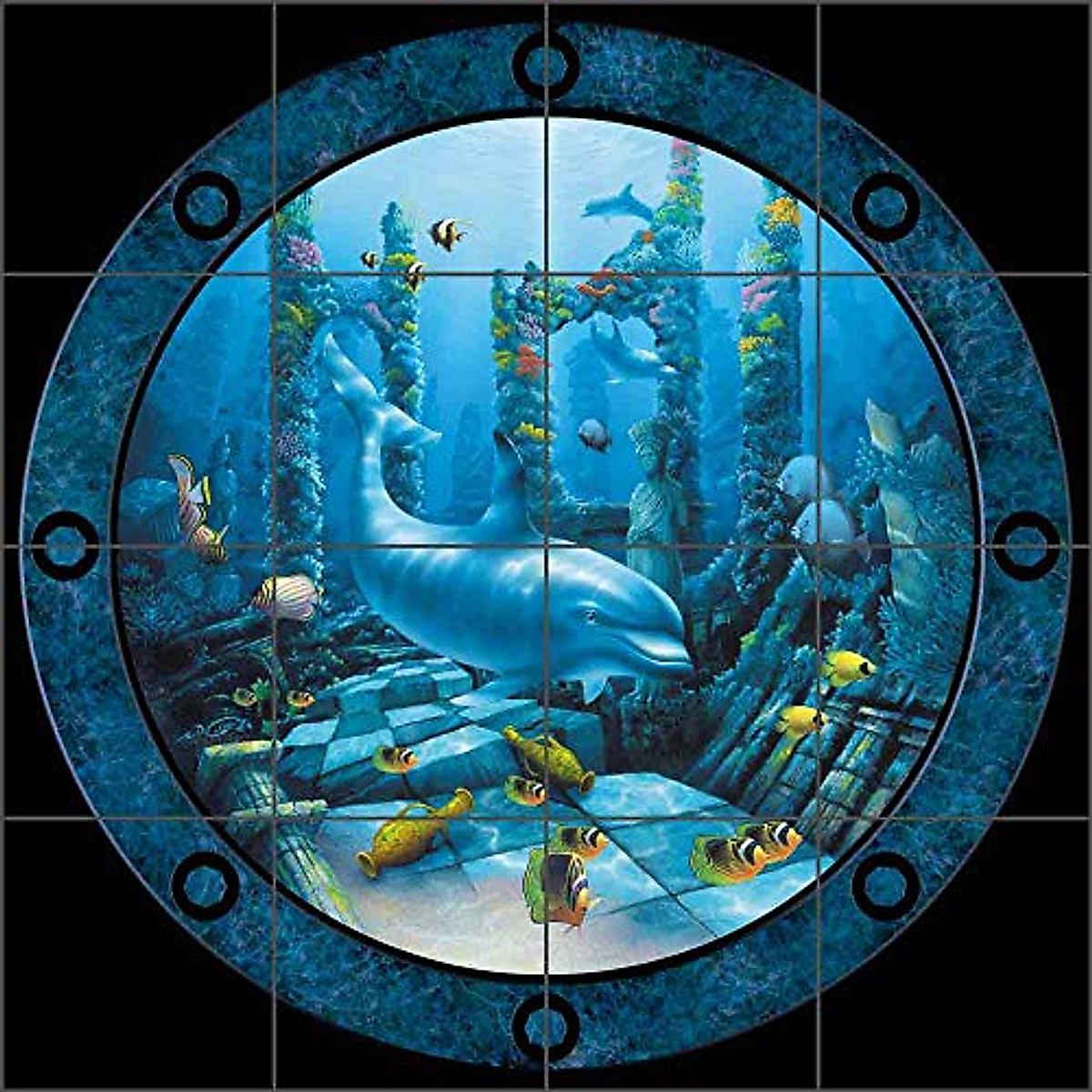Dolphin Art Tile Mural Backsplash - Port Hole by David Miller Ceramic Kitchen Shower Bathroom (32" x 32" on 8" Tiles)