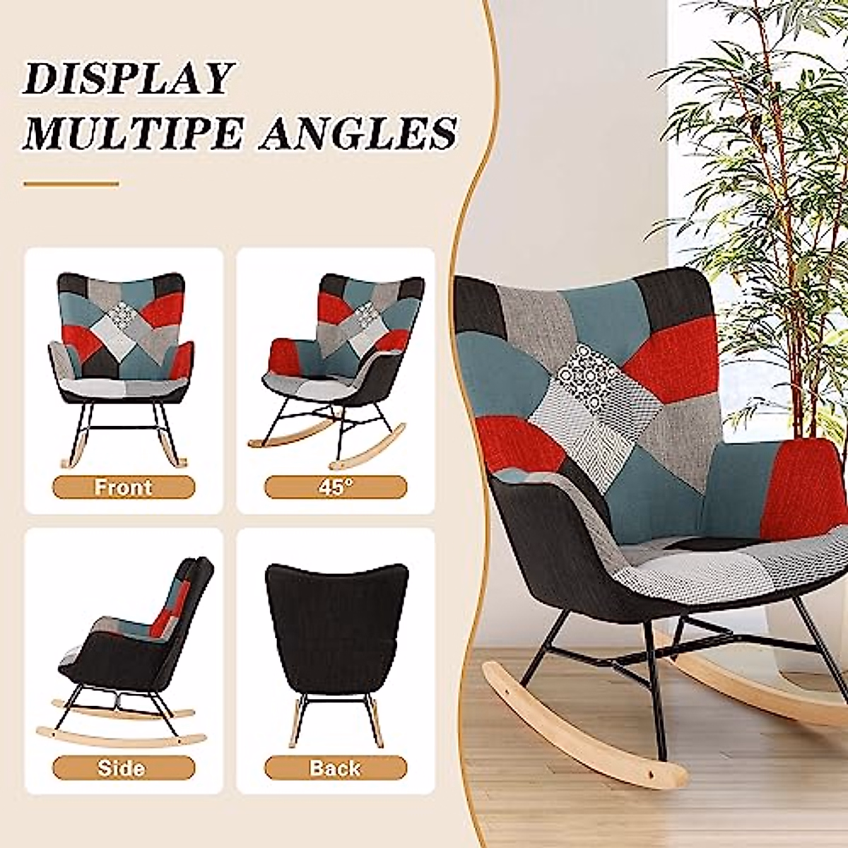 LSSPAID Rocking Chair Nursery Set of 1, Upholstered Glider Rocker with High Backrest Armchair Comfy Accent Glider Chair for Living Room, Bedroom, Nursery Room, Multi Color