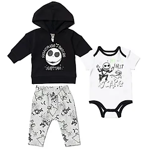 Disney Nightmare Before Christmas,Newborn Baby Boy or Girl Hoodie Bodysuit and Pants 3 Piece Set Black/White 6-9 Months