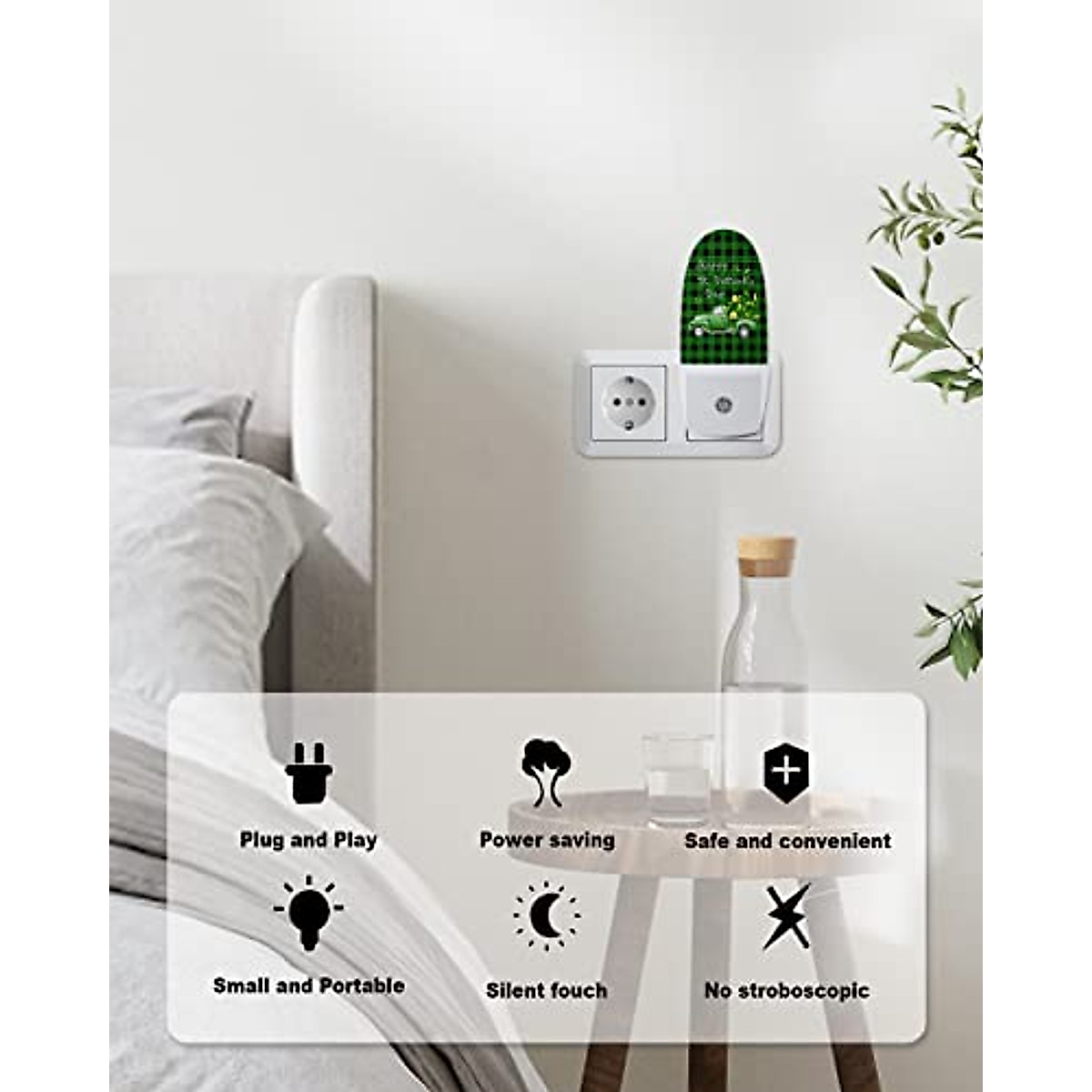 St. Patrick's Day Clover Night Light, LED Plug in Night Light, Green and Black Checkered Green Truck Gold Night Lights with Dusk to Dawn Sensor Decorative Kids/Adults Nightlight for Bedroom Bathroom