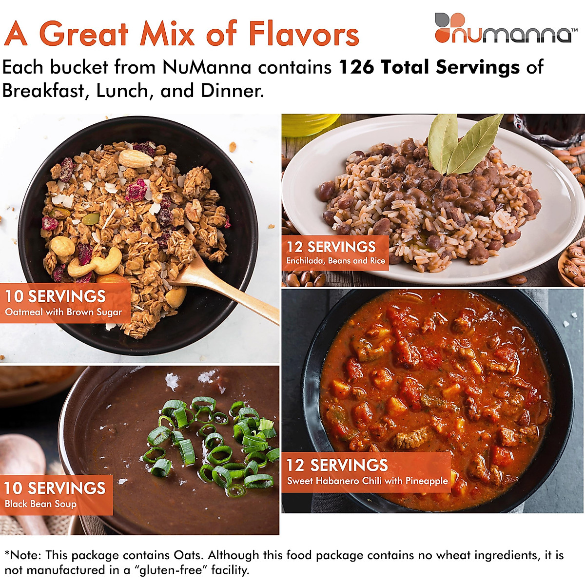 Numanna No-Gluten Family Pack Bucket 126 Servings Breakfast, Lunch, Dinner Meals Non-Gmo, No Msg, No Added Preservatives Easy to Prepare Emergency Survival Food Made in USA 25 Year Shelf Life