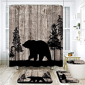 SiMiWOW Black Bear in Forest Shower Curtain Set with Rugs Woodland Animal Country Farmhouse Cabin Bathroom Decor Curtain, Set of 4