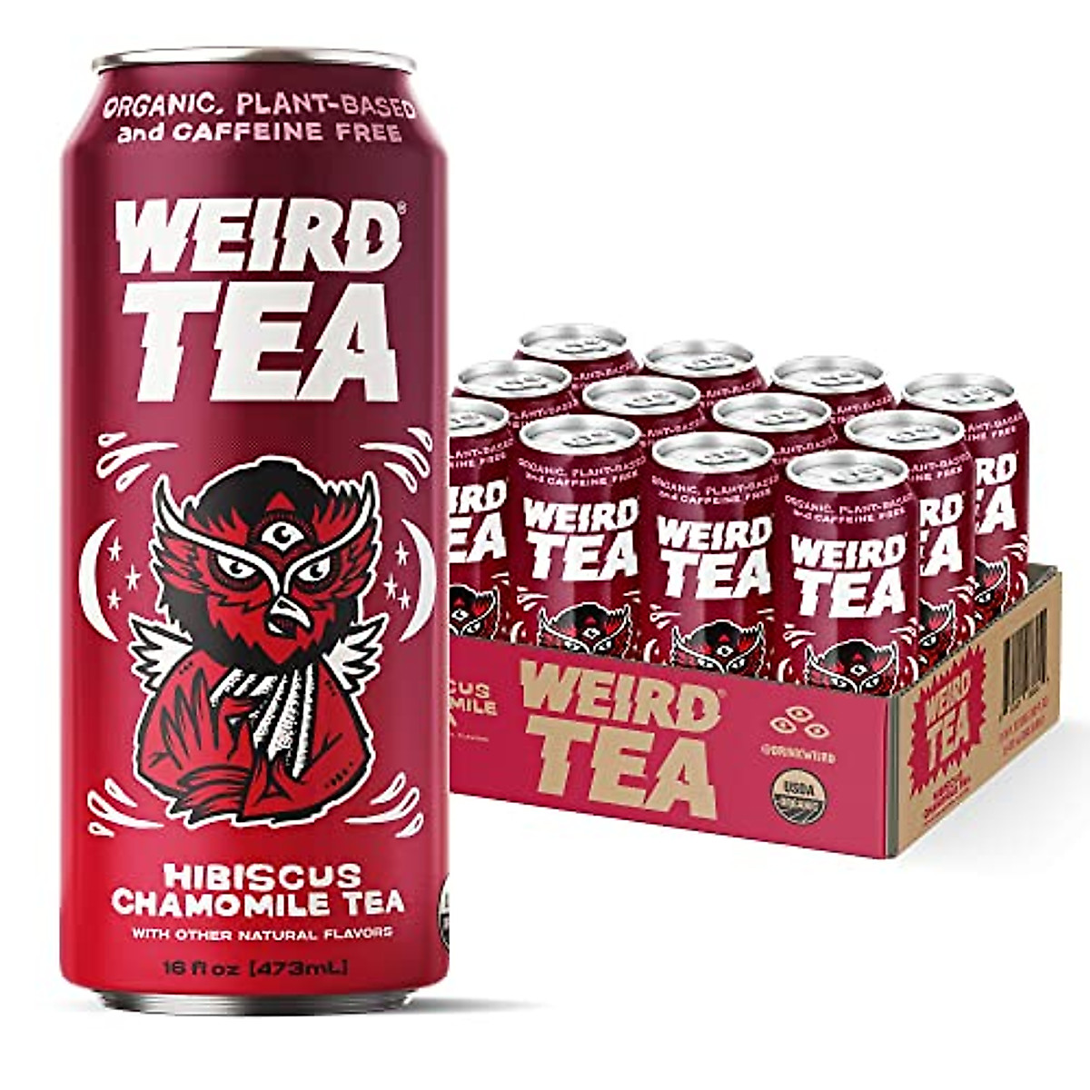 Drink Weird - Weird Tea, Chamomile Hibiscus Iced Tea, Certified Organic Functional Iced Tea, Plant-Based, Caffeine Free, 12 Pack of 16oz Cans