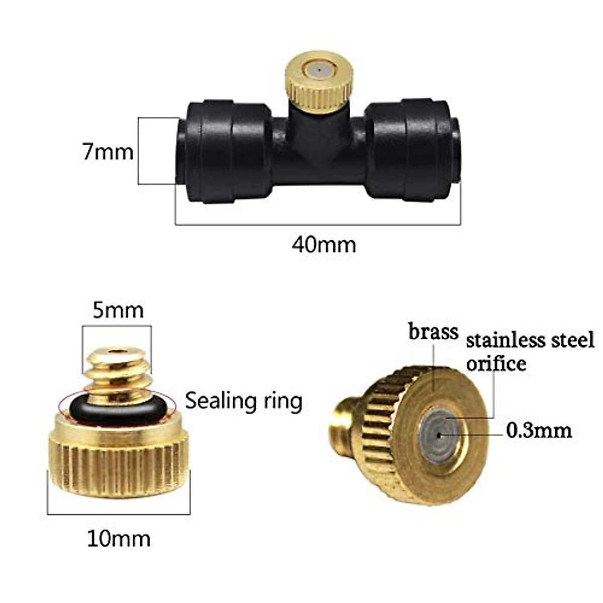 Yotako 1/4'' Slip-Lock Misting Nozzles Kit, 12Pcs Brass Misting Nozzles 10Pcs Water Misting Nozzle Tees Thread Misting Nozzle Tees with Plugs for Outdoor Spray Cooling System