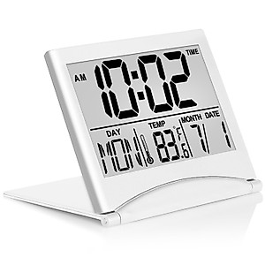 Betus Digital Travel Alarm Clock - Foldable Calendar Temperature Timer LCD Clock with Snooze Mode - Large Number Display, Battery Operated - Compact Desk Clock for All Ages (Silver, No Backlight)