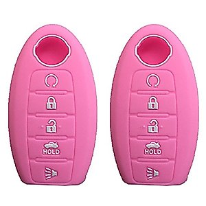 KAWIHEN 2pcs Silicone Smart Remote Key Fob Cover Protector for 350Z 370Z Altima Armada GT-R Leaf Pathfinder Rogue Sentra Maxima Murano Versa 5 button CWTWB1U840 285E3-3SG0D (Pink)