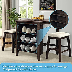 Bellemave 3 Piece Dining Table Set Counter Height Table Chair Set with 1 Table, 2 Padded Stools, Storage Shelf for Kitchen, Dining Room, Brown