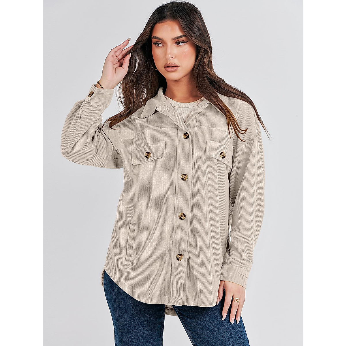 ANRABESS Womens Corduroy Shacket Button Down Shirts Oversized Long Sleeve Casual Cardigan Jacket 2025 Fall Fashion Clothes Beige Small