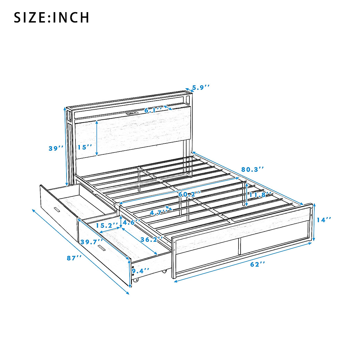 Metal Bed Frame Queen with Two Drawers Queen Size Storage Bed with Sockets, USB Ports and Slat Support for Living Room Bedroom,No Box Spring Needed/Easy Assembly (White)