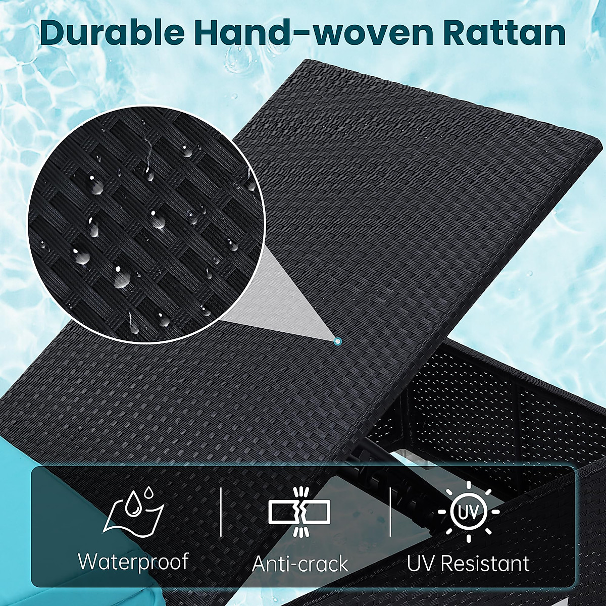 Murago Outdoor Patio Rattan Wicker Chaise Lounge Chair, Set of 2, Adjustable Backrest, Waterproof Cushion, Ideal for Pool, Black Frame with Blue Cushion