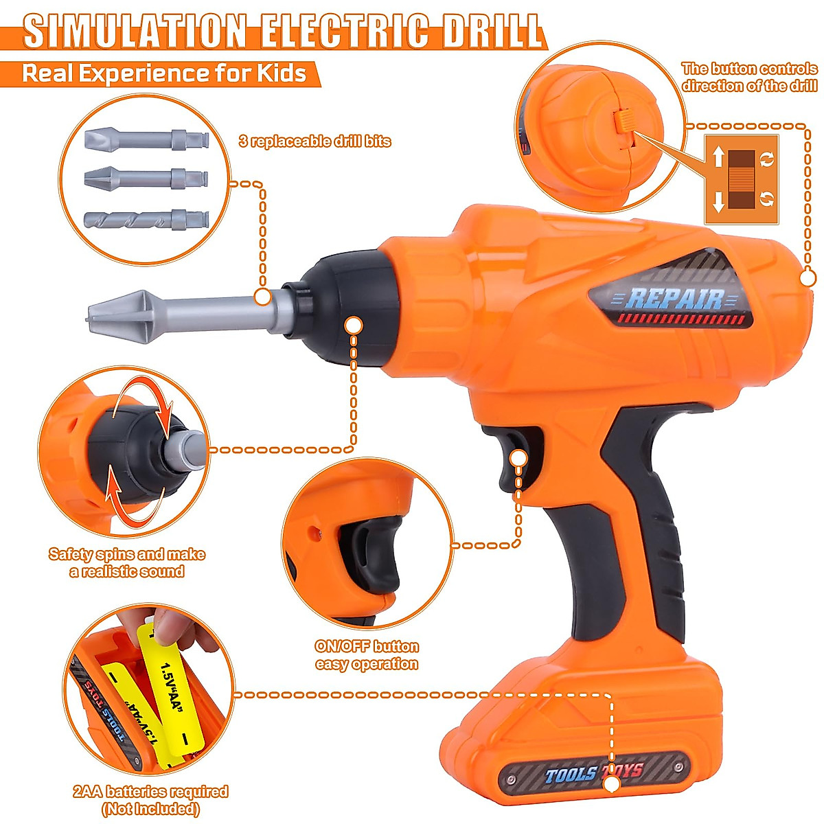 Toy Tool Set for Boys 46pcs Pretend Play Construction Toy with Storage Bag&Kids Toolbelt, Electric Drill Toy, Tape Measure, Goggle Toys Durable Kids Tool Accessories for 3 4 5 6 Year Old Kids Boys