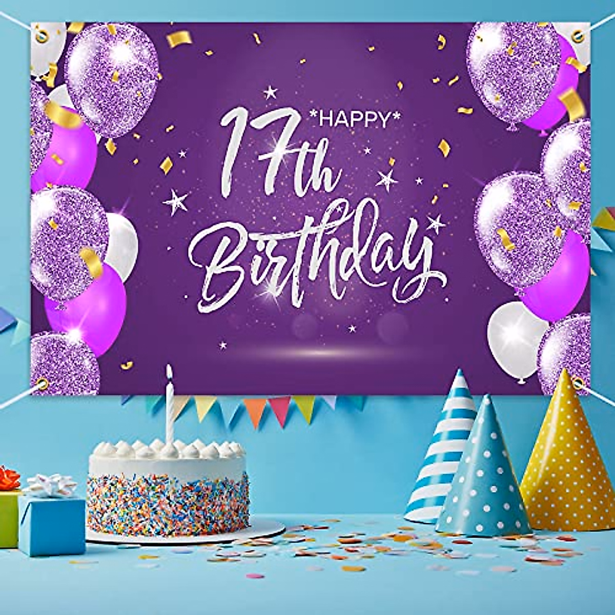 HAMIGAR 6x4ft Happy 17th Birthday Banner Backdrop - 17 Years Old Birthday Decorations Party Supplies for Girls - Purple
