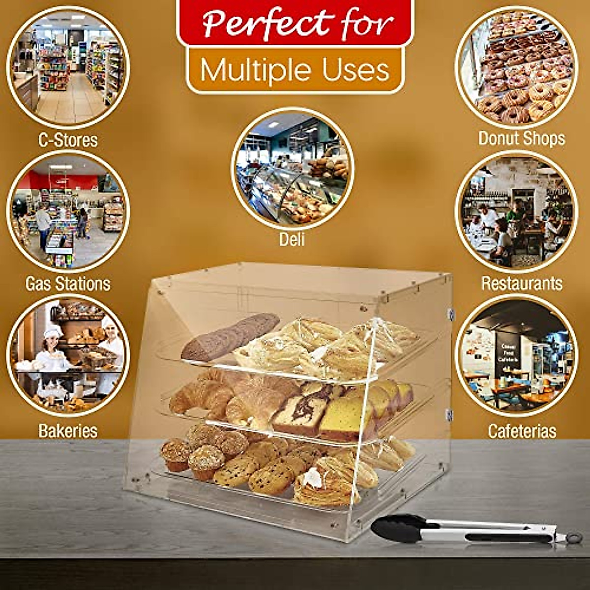 Commercial Countertop Bakery Pastry Display Case - Heavy Duty, Sturdy Stable Clear Acrylic, Thick Panels, Upgraded Finish, Stainless Steel Handles, Hardware for Easy Assembly, Food Tongs Dough Scraper