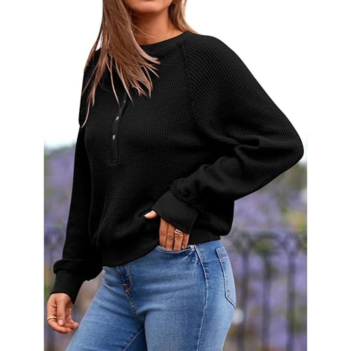 PRETTYGARDEN Fall Casual Sweatshirt for Women v Neck Long Sleeve Jumper Loose Knit Henley Top Button Slouchy Pullover Oversized Crop Sweater (Black, X-Large)