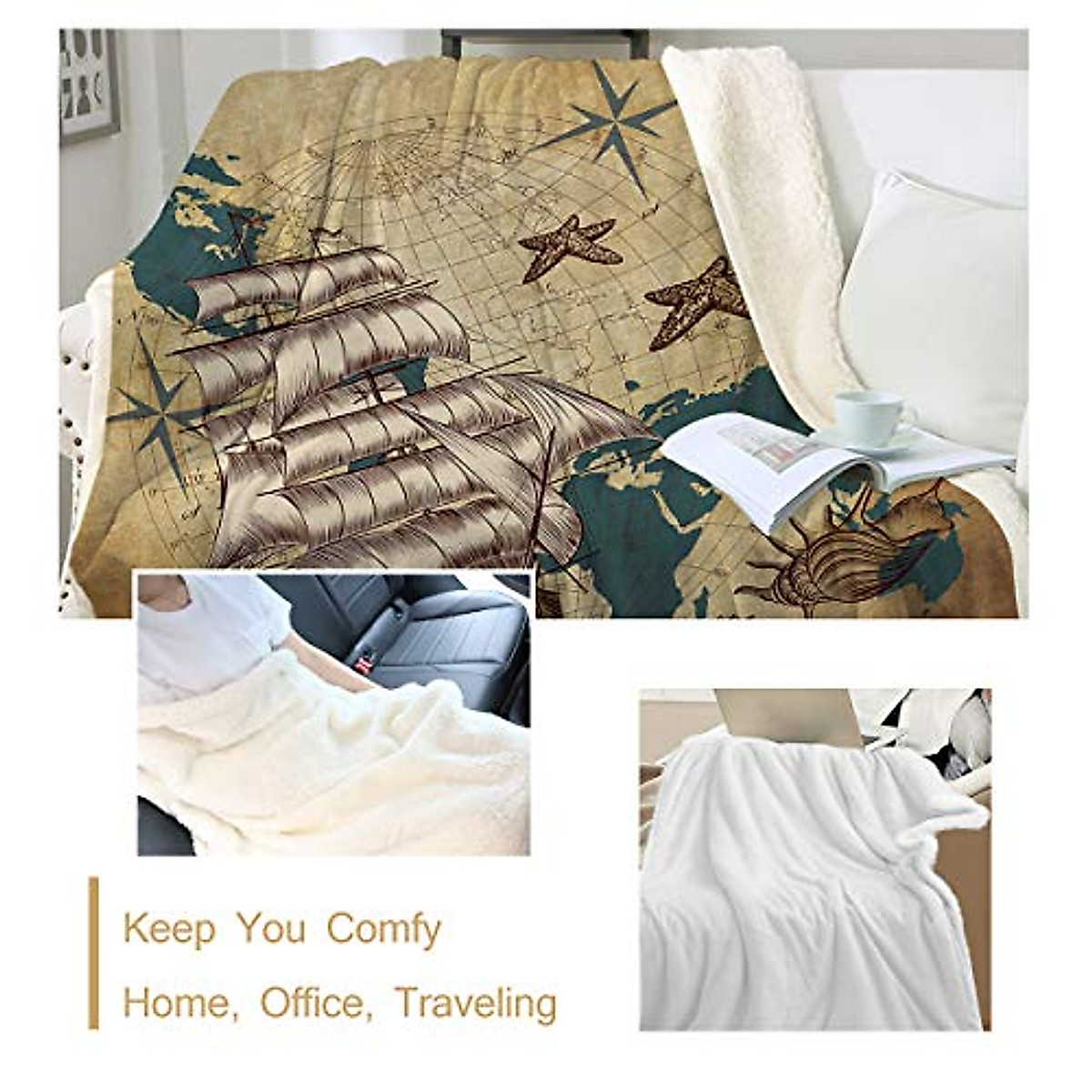 Sleepwish Nautical Blanket Sherpa Blanket Fuzzy Soft Bed Blanket Antique Map Blanket Old Sailing Ship Blanket Maine Fleece Blanket,Throw (50" X 60")