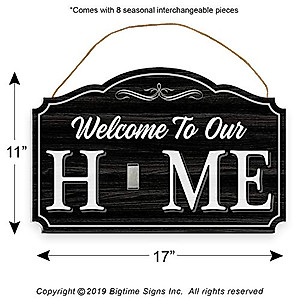 Bigtime Signs Welcome to Our Home White Wood Grain Print Wall & Front Door Decor - Welcome Sign for Front Door with Interchangeable Home Sign Magnets Halloween, Easter, Fall, Christmas, Valentines
