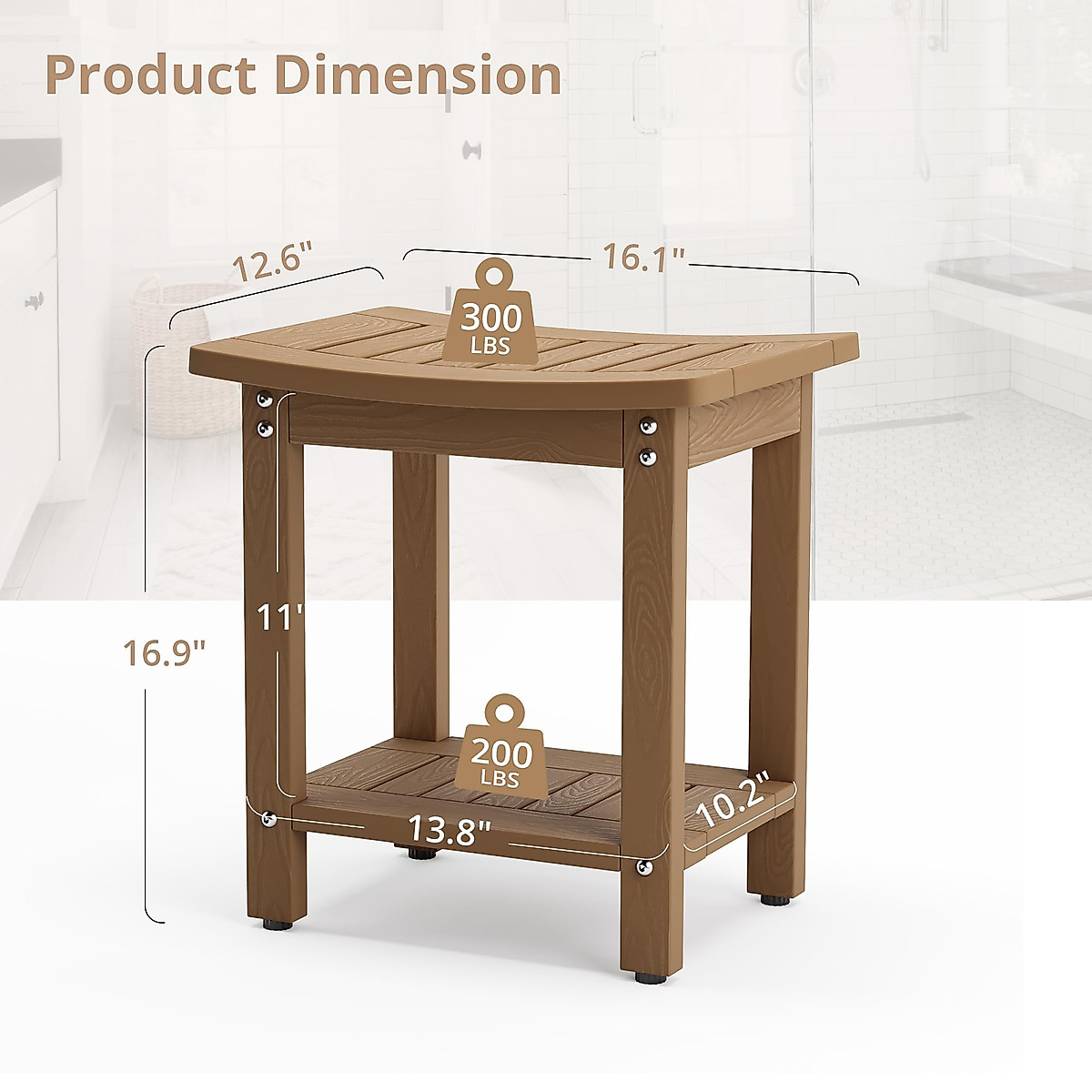 LUE BONA HDPS Shower Bench Seat, Shower Stool for Inside Shower Waterproof, Bath Spa Shower Foot Stool for Shaving Legs with Storage Shelf, Weather Resistant/Non-Slip/Indoor or Outdoor Use, Brown
