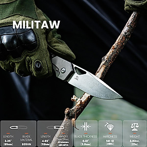 Kizer Militaw Pocket Knife 3.35 Inches Stonewashed S35VN Steel Blade EDC Knife, Titanium+Micarta Handle with 3D Pocket Clip, Ki3634A1