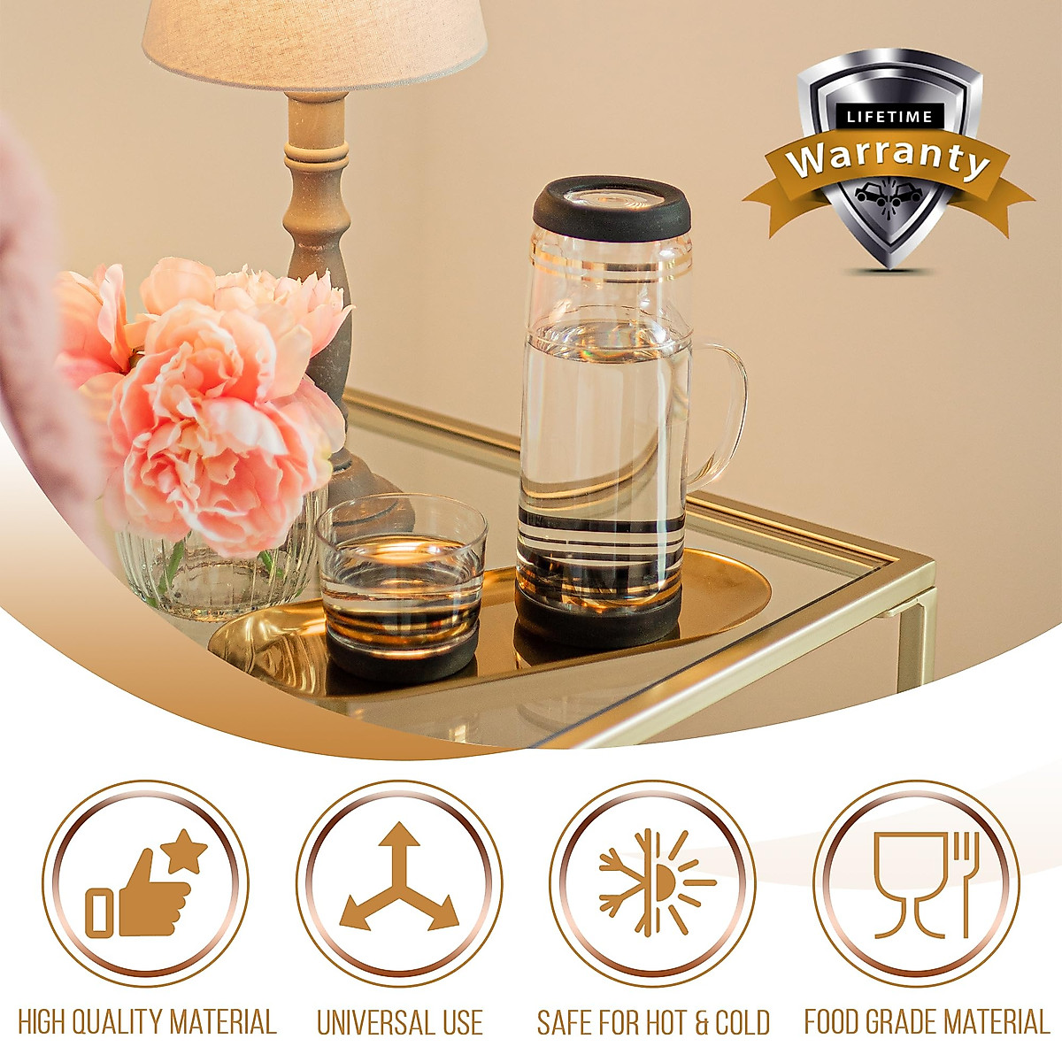 Agayah Water Carafe with Glass Cup for Nightstand and Gold Tray, Bedside Water Carafe and Glass Set. Water Carafe 32 OZ, glass cup 7 OZ (UK based)