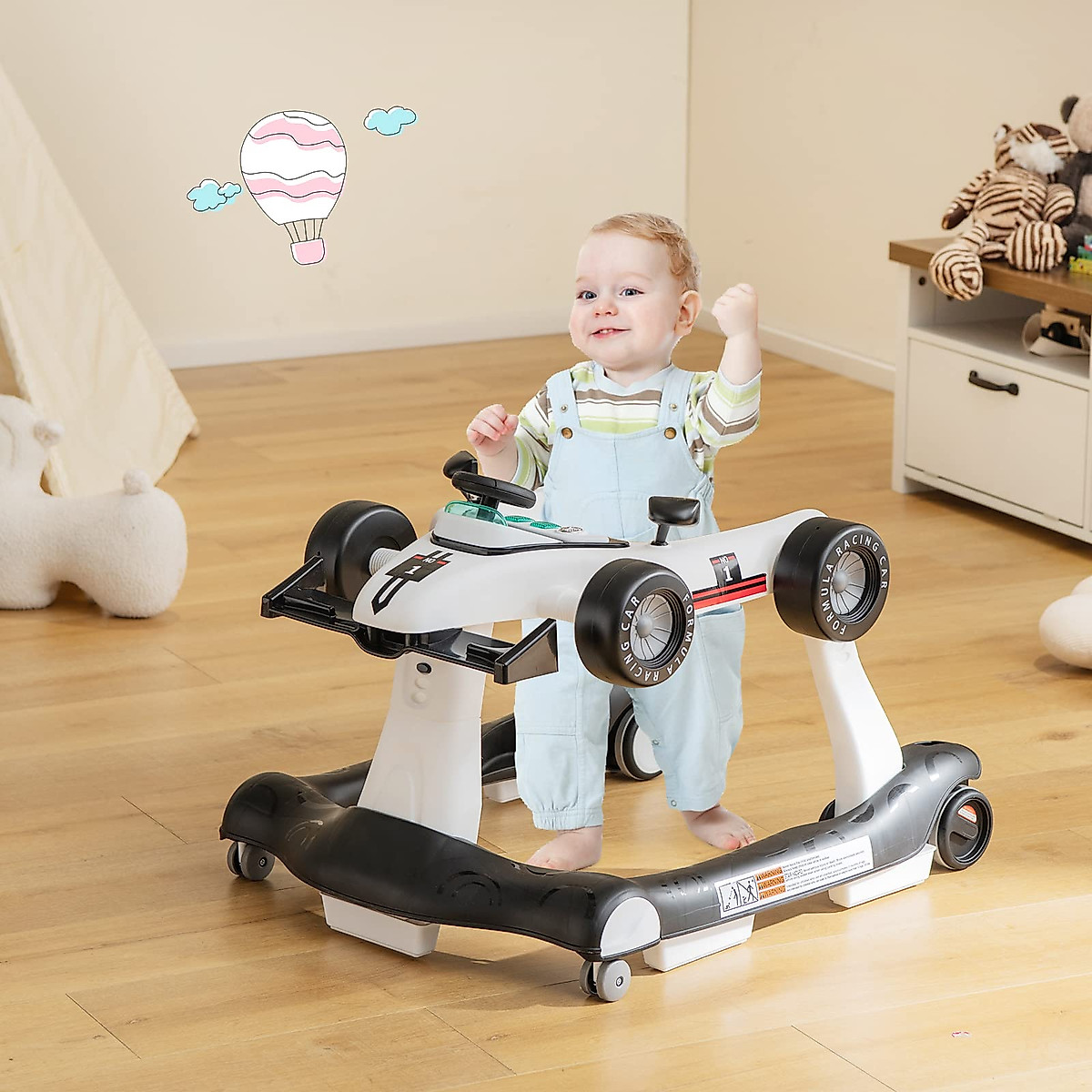GLACER 4-in-1 Baby Walker, Folding Infant Walker with Adjustable Height & Speed, Music Box with Light, Steering Wheel, Soft Cushion, Toddler Toy Activity Center for Babies Aged 6-18 Months